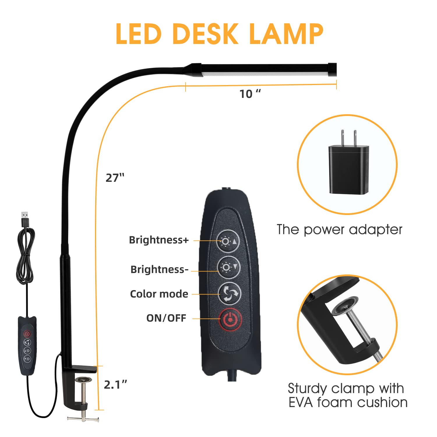 LIBORA Led Desk Lamp for Home Office, Eye-Caring Clip Lights, Architect Reading Task Clamp Lamps, 3 Modes 10 Brightness, Flexible Gooseneck, Memory Function, Black