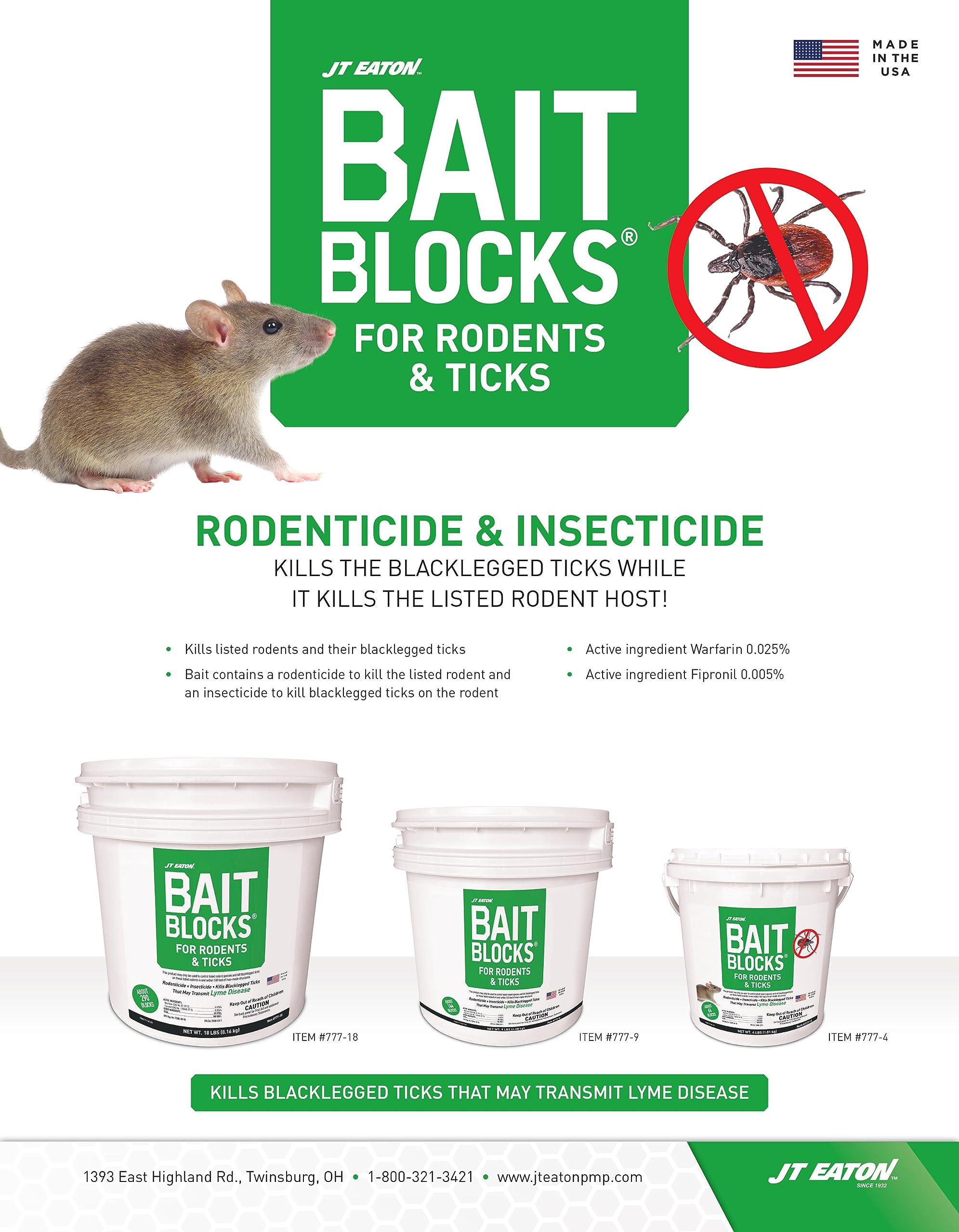 JT Eaton 777-18 Bait Block for Rodents and Ticks (18 lb Resealable Pail of 290)