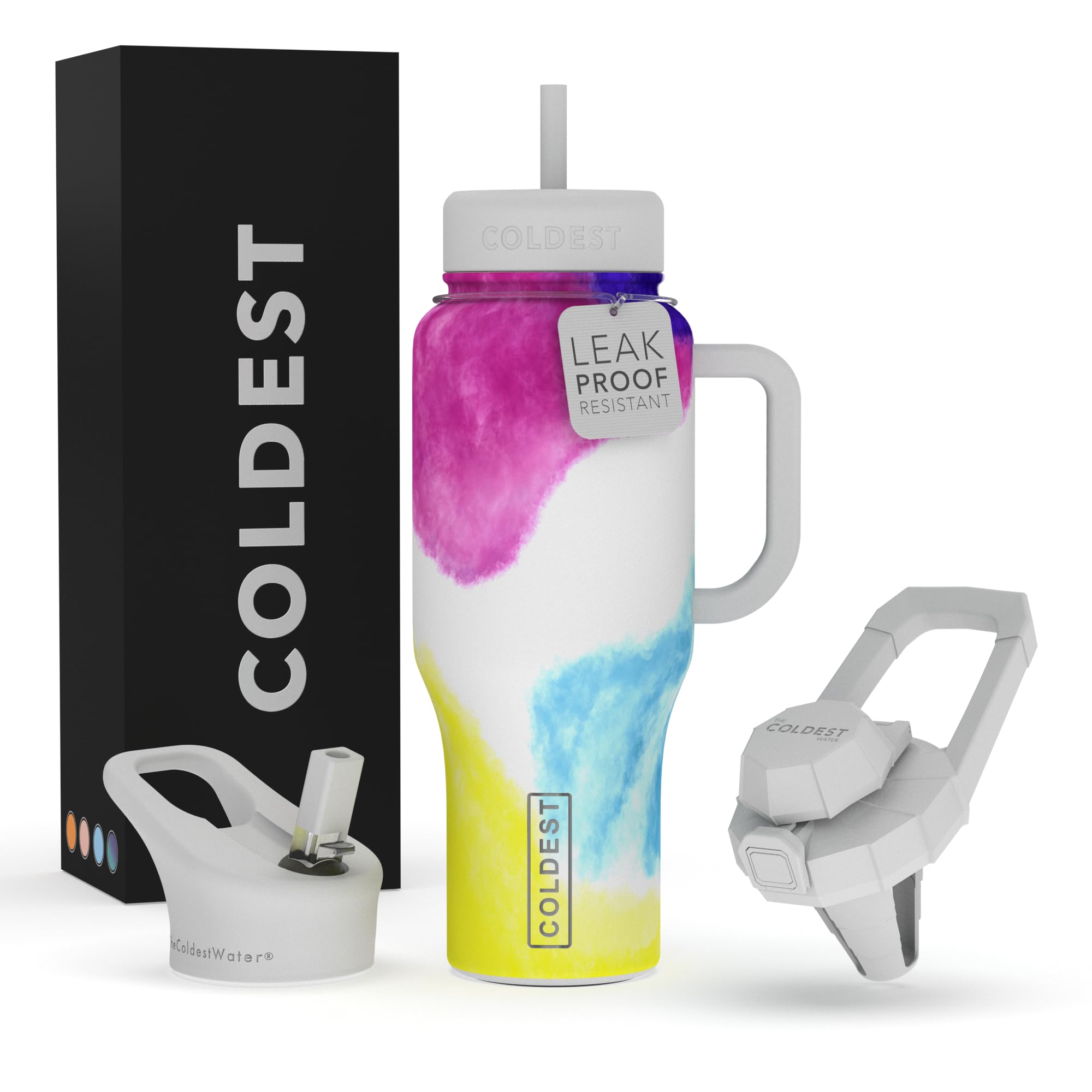 Coldest 40 oz Tumbler with Handle and Straw, 100% Leak Proof Insulated Tumbler with Lid and Straw (3 Lids), Stainless Steel Tumblers for Women & Men, Cup Holder Friendly, 36 oz (Clouds of Tie Dye)