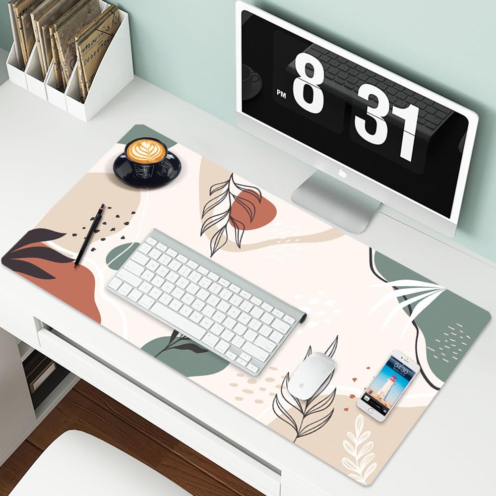 Aisakoc Desk Mat Desk Mouse Pad, Dual Side PU Leather Desk Pad for Keyboard and Mouse, 35.5''x15.8'' Large Waterproof Desk Mat for Desktop, Desk Writing Mat for Office and Home (Morandi Plant)