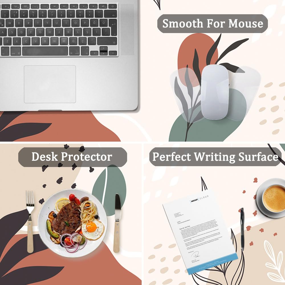 Aisakoc Desk Mat Desk Mouse Pad, Dual Side PU Leather Desk Pad for Keyboard and Mouse, 35.5''x15.8'' Large Waterproof Desk Mat for Desktop, Desk Writing Mat for Office and Home (Morandi Plant)