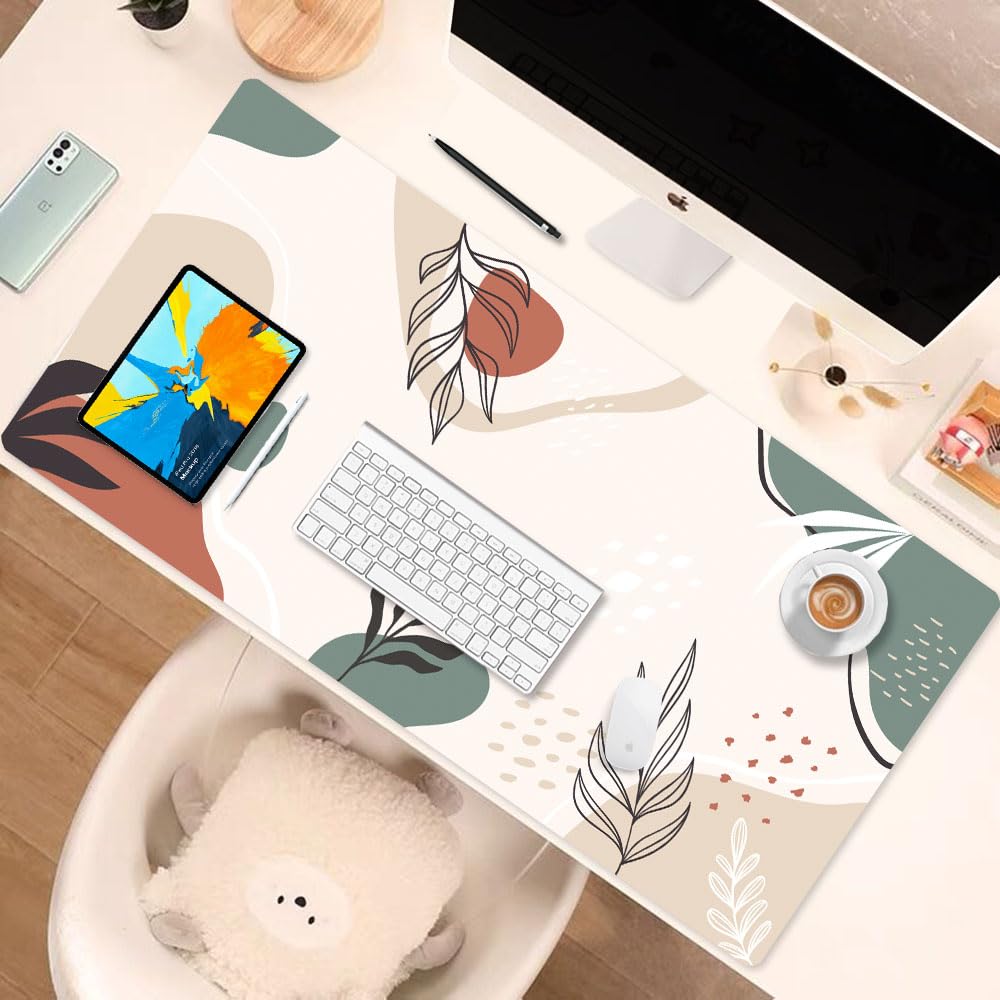 Aisakoc Desk Mat Desk Mouse Pad, Dual Side PU Leather Desk Pad for Keyboard and Mouse, 35.5''x15.8'' Large Waterproof Desk Mat for Desktop, Desk Writing Mat for Office and Home (Morandi Plant)