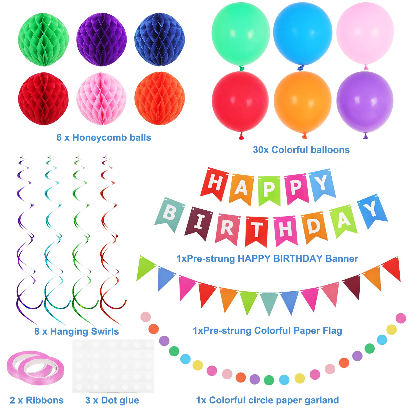RUBFAC Rainbow Birthday Decorations, Happy Birthday Banner, 6 Honeycomb Balls, 8 Metallic Hanging Swirls, Circle Paper Garland and 30 Balloons