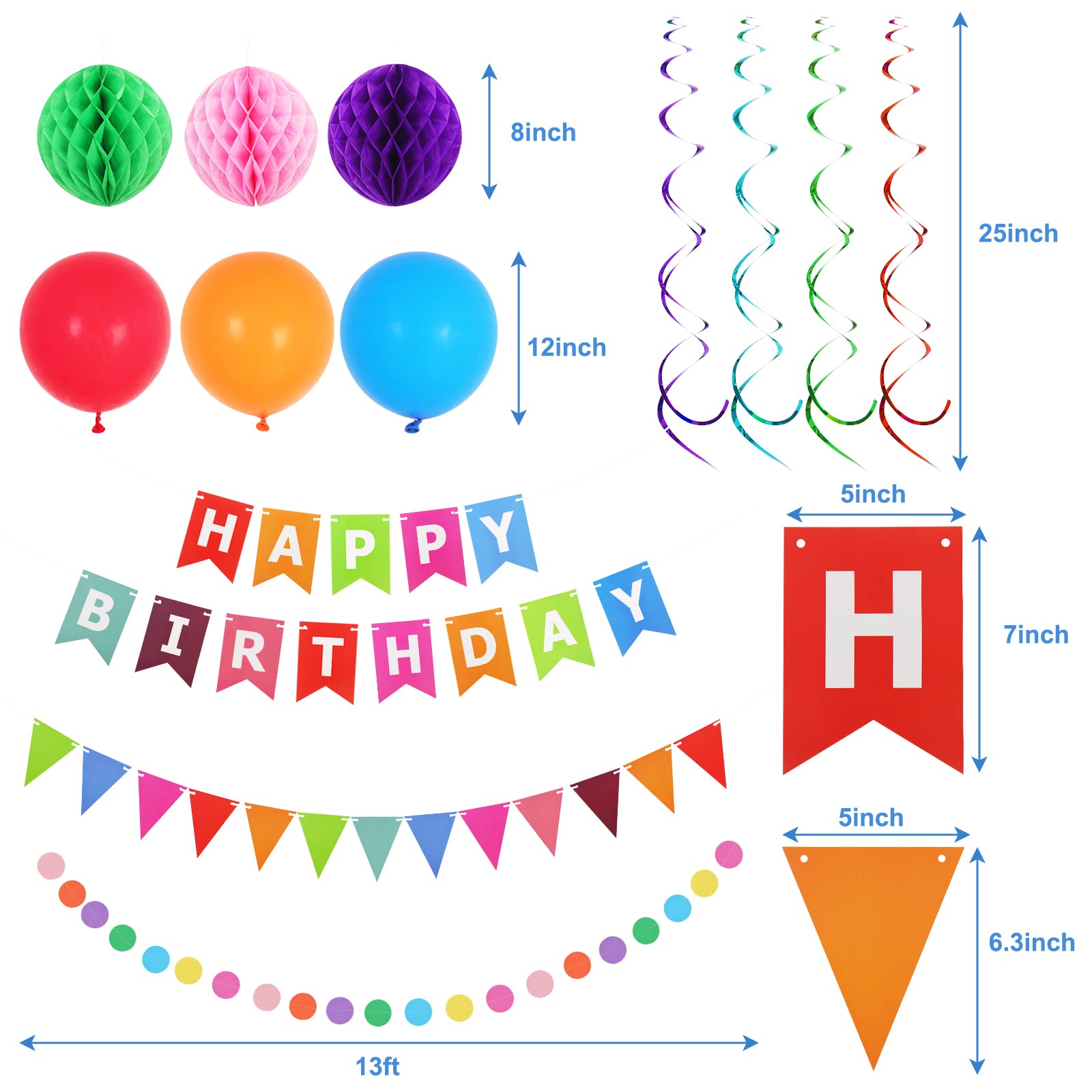 RUBFAC Rainbow Birthday Decorations, Happy Birthday Banner, 6 Honeycomb Balls, 8 Metallic Hanging Swirls, Circle Paper Garland and 30 Balloons