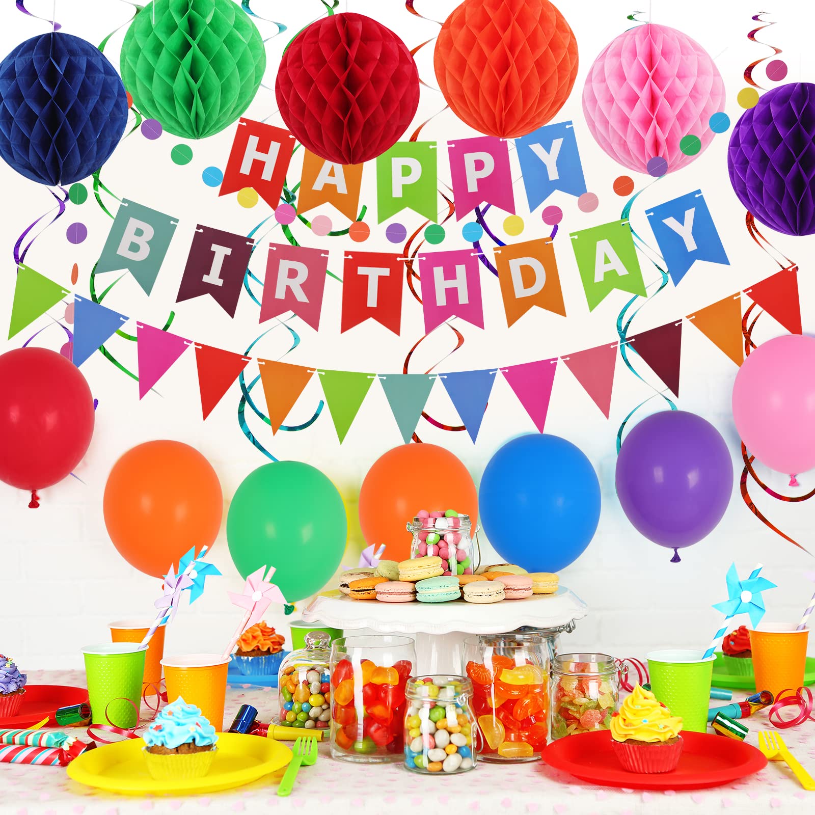 RUBFAC Rainbow Birthday Decorations, Happy Birthday Banner, 6 Honeycomb Balls, 8 Metallic Hanging Swirls, Circle Paper Garland and 30 Balloons