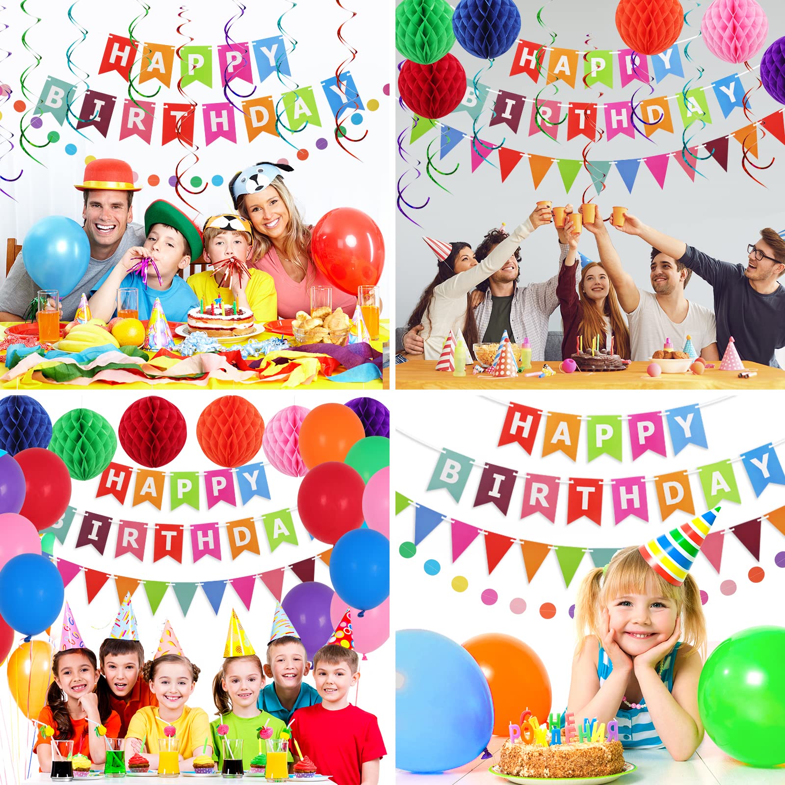 RUBFAC Rainbow Birthday Decorations, Happy Birthday Banner, 6 Honeycomb Balls, 8 Metallic Hanging Swirls, Circle Paper Garland and 30 Balloons