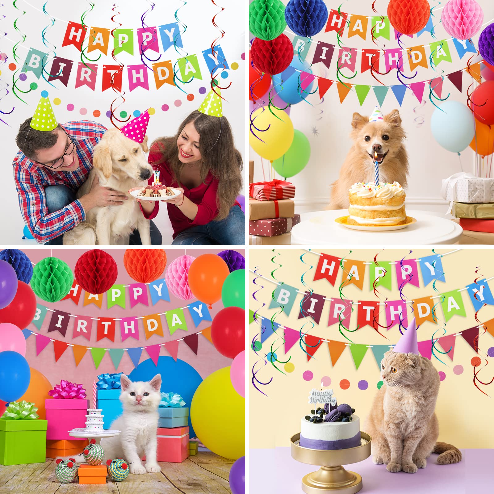 RUBFAC Rainbow Birthday Decorations, Happy Birthday Banner, 6 Honeycomb Balls, 8 Metallic Hanging Swirls, Circle Paper Garland and 30 Balloons