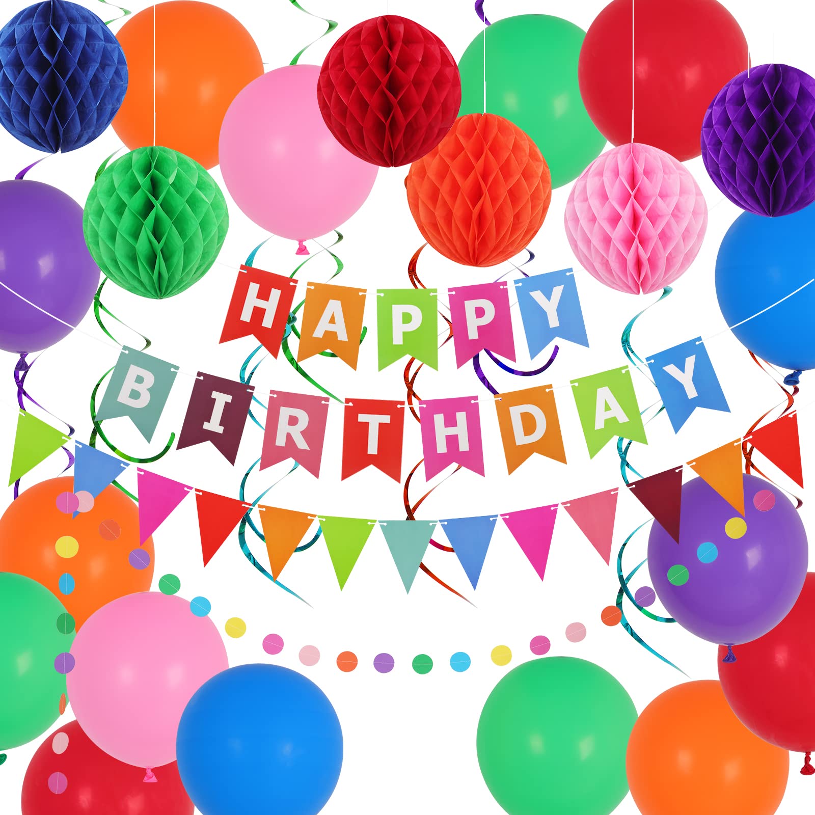 RUBFAC Rainbow Birthday Decorations, Happy Birthday Banner, 6 Honeycomb Balls, 8 Metallic Hanging Swirls, Circle Paper Garland and 30 Balloons