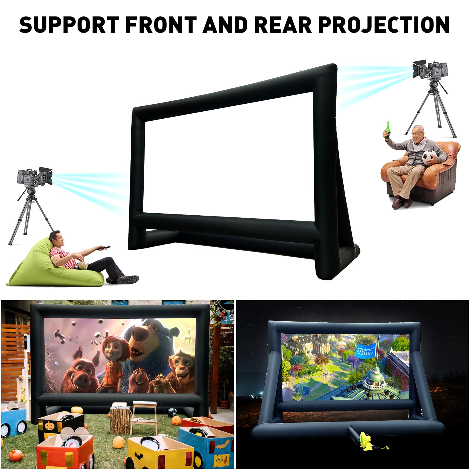 Inflatable Projector Screen, 24FT Blow Up Movie Screen Outdoor Projector, Easy Set Up One-Piece Design Front & Rear Projection with Air Blower for Outside Backyard Family Movie Night Pool Party