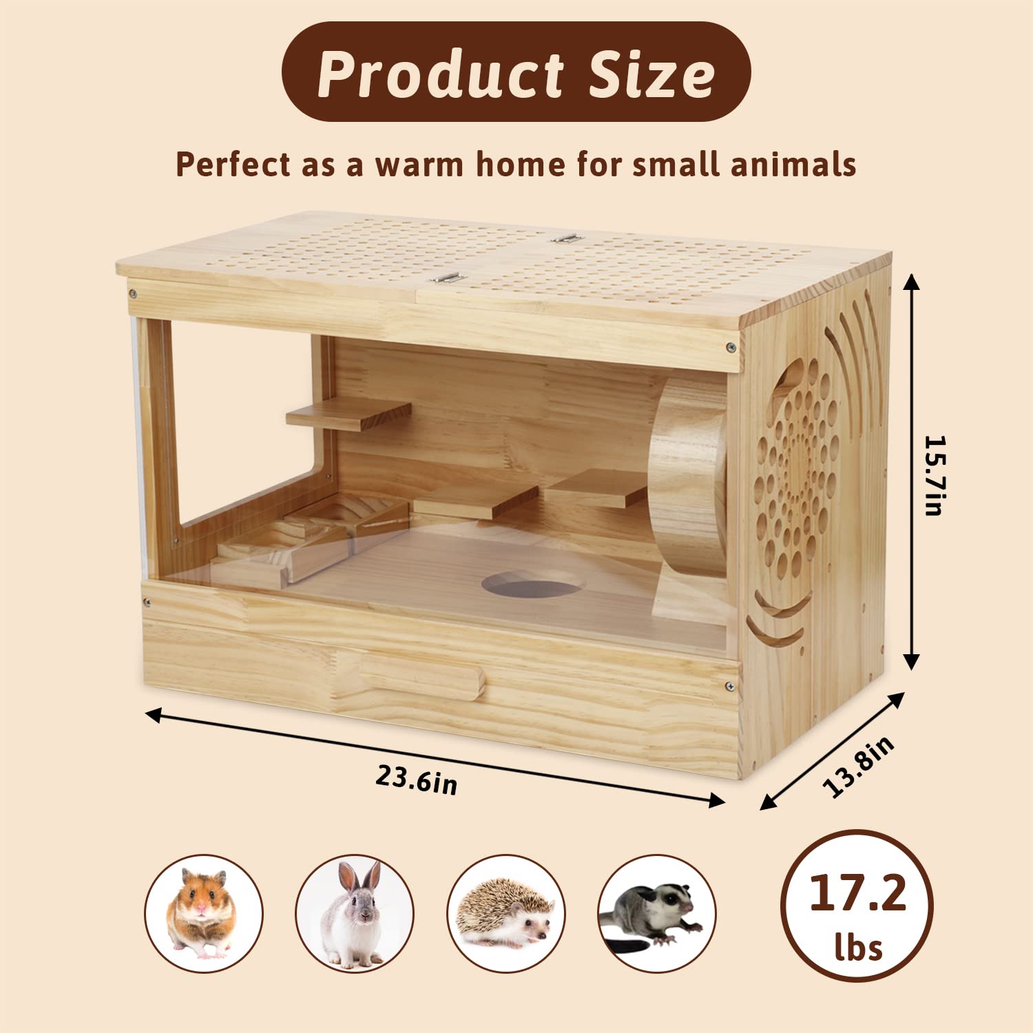 Nisorpa Hamster Cage, Wooden Hamster Habitats with Runner's Carousel & Acrylic Windows 2-Tiers Mice and Rat House Openable Top, Ventilator,Pull-Out Tray for Guinea Pig Chinchilla Small Animal