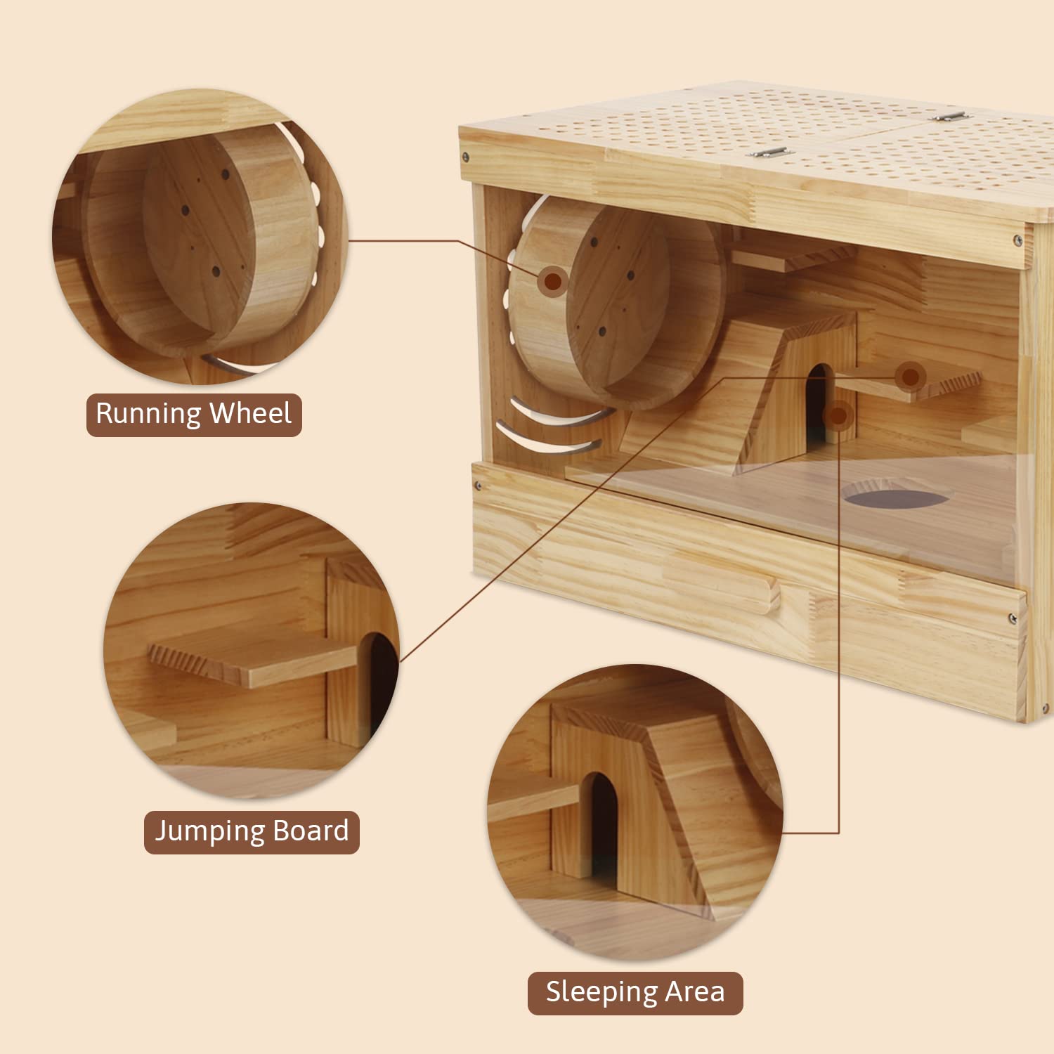 Nisorpa Hamster Cage, Wooden Hamster Habitats with Runner's Carousel & Acrylic Windows 2-Tiers Mice and Rat House Openable Top, Ventilator,Pull-Out Tray for Guinea Pig Chinchilla Small Animal
