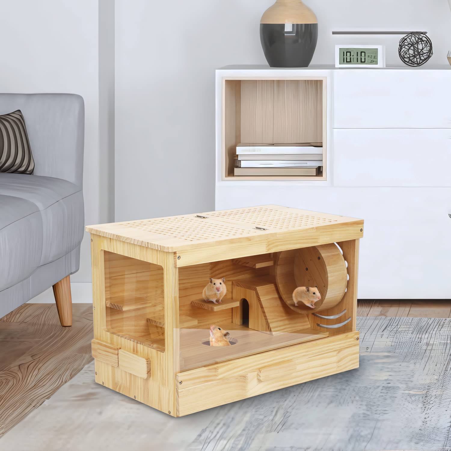 Nisorpa Hamster Cage, Wooden Hamster Habitats with Runner's Carousel & Acrylic Windows 2-Tiers Mice and Rat House Openable Top, Ventilator,Pull-Out Tray for Guinea Pig Chinchilla Small Animal