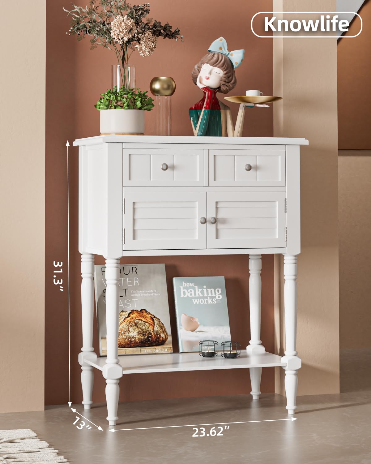 Knowlife Console Table with 2-Door Cabinet & 2 Drawers, Sofa Tables, Entryway Table with Storage Shelf, Coffee Bar Buffet Sideboard for Kitchen, Hallway, Dining, Living Room, White