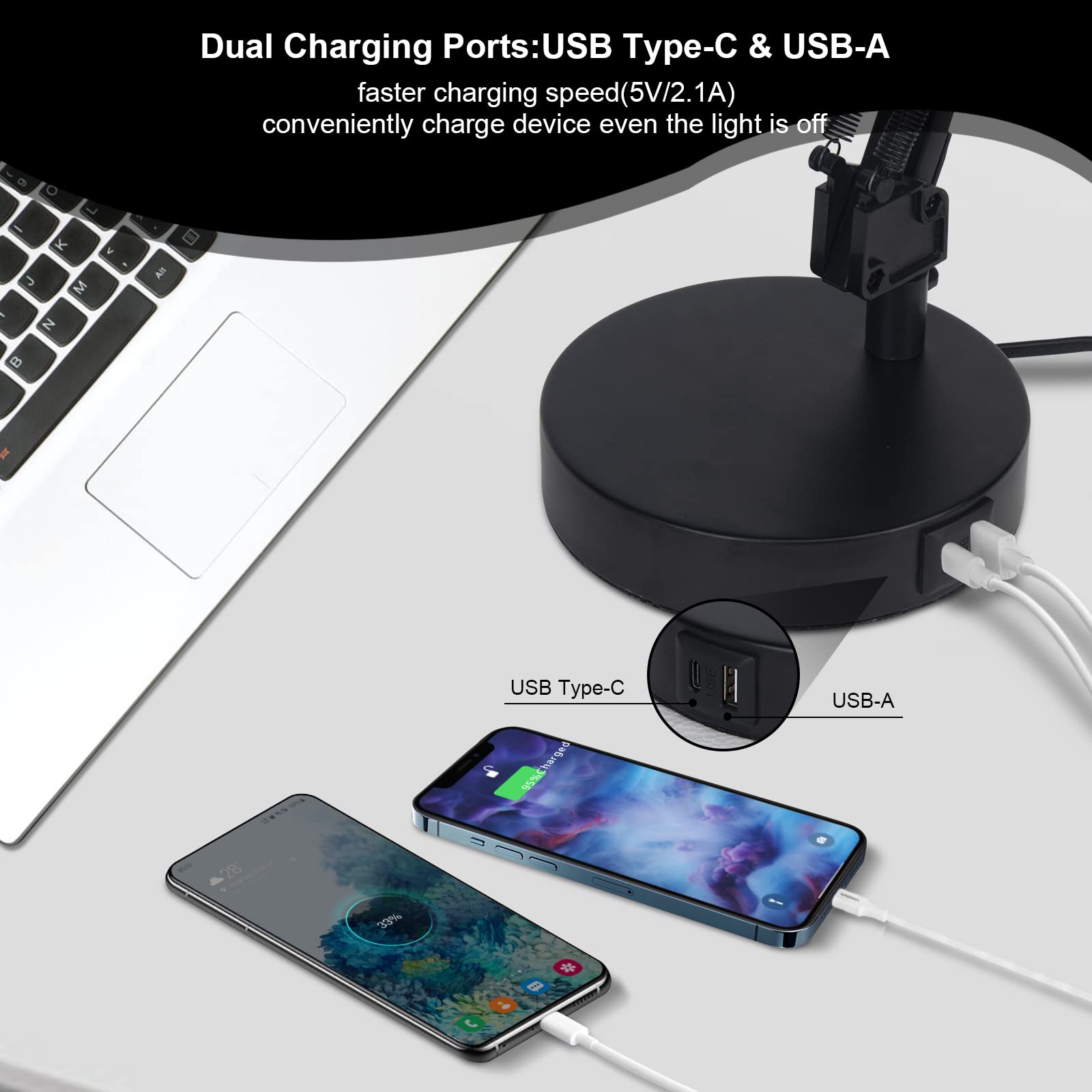 FIRVRE Metal Desk Lamp Black Adjustable Flexible Goose Neck Swing Arm Table Lamp with USB Charging Port Portable Eye-Caring Reading Lamp for Home Office Work Study Reading E26 Base Multi-Joint