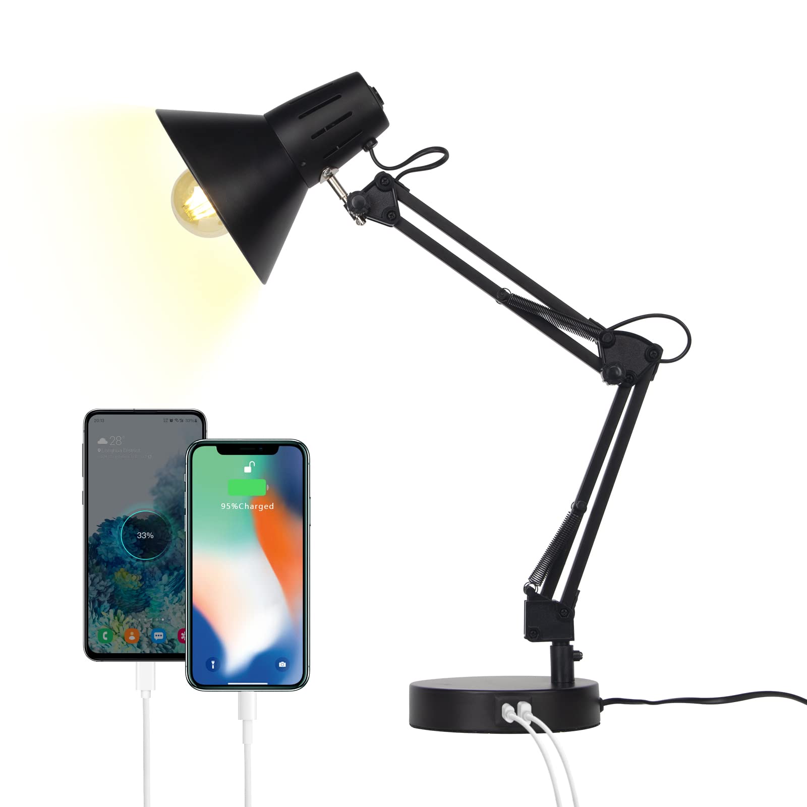 FIRVRE Metal Desk Lamp Black Adjustable Flexible Goose Neck Swing Arm Table Lamp with USB Charging Port Portable Eye-Caring Reading Lamp for Home Office Work Study Reading E26 Base Multi-Joint