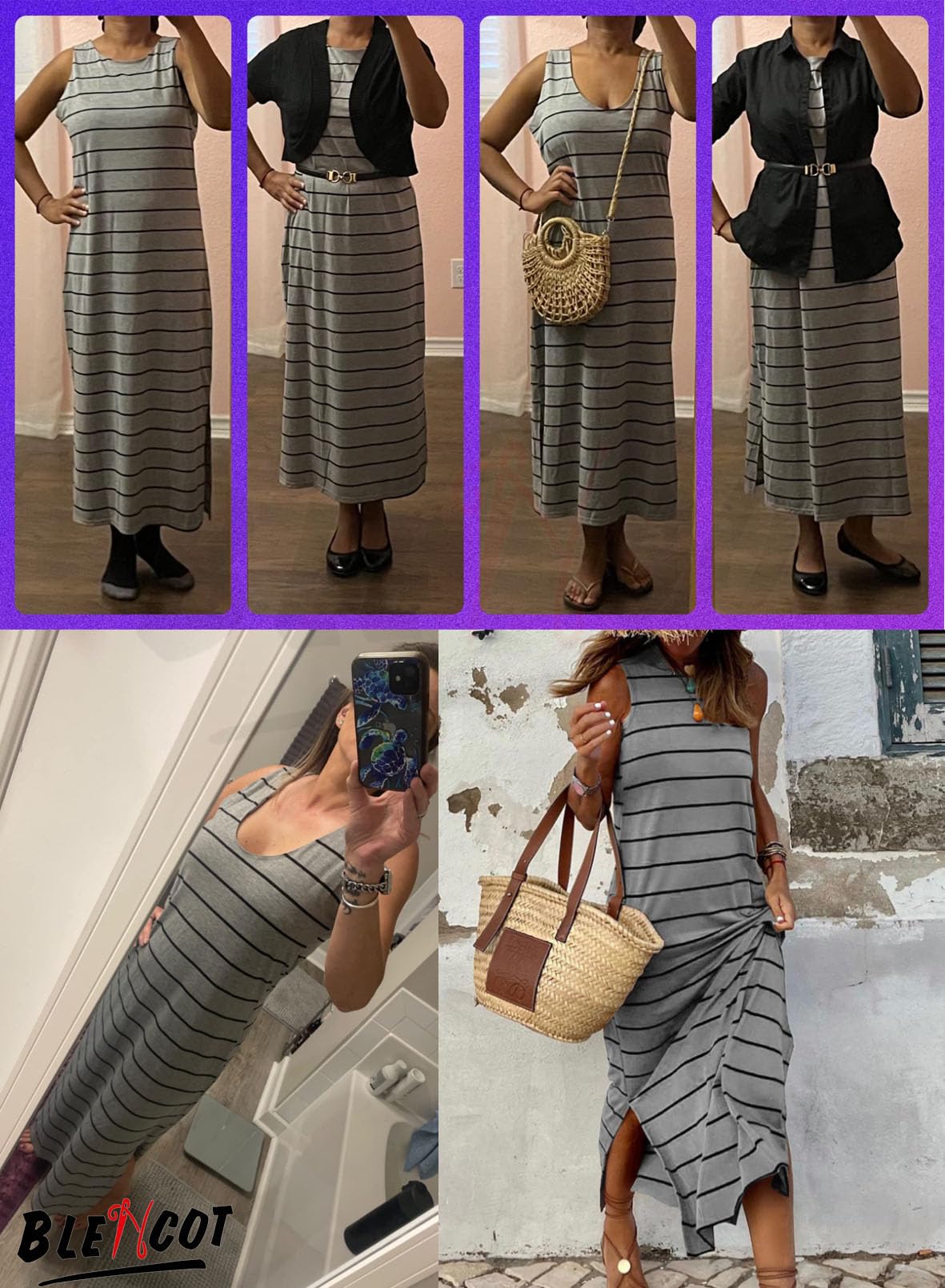 BLENCOT Womens Sleeveless Striped Racerback Maxi Sundresses Backless Beach Long Tank Dresses Gray XL