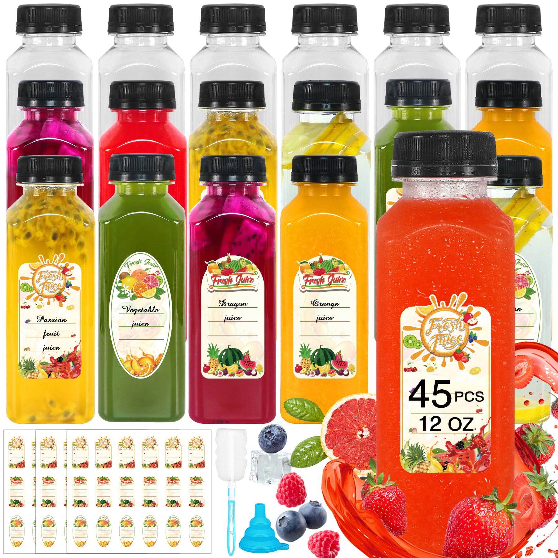 PeacePeo Plastic Juice Bottles with Caps 12 OZ, 45 Pcs Juice Bottles Clear Empty Reusable Juice Bottle with Tamper Lids for Juicing Refillable Juice Bottles for Travel