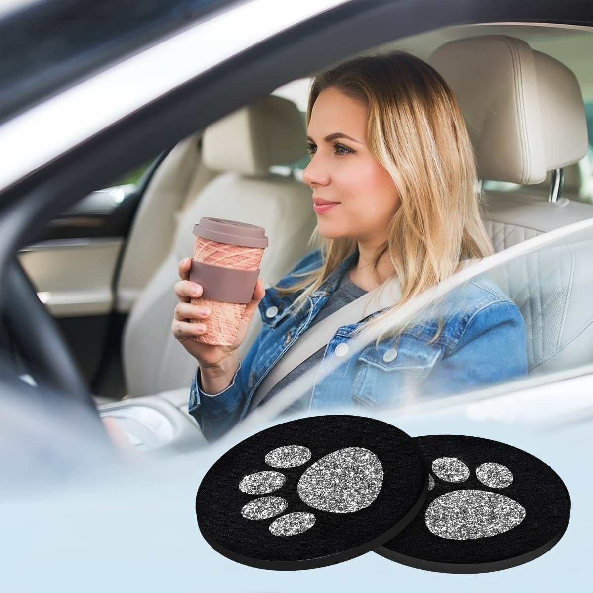 AUCELI 2 Pack Car Cup Holder Coasters, 2.75In Bling Glitter Rhinestone Paw Print Cup Coaster, Rubber Non-Slip Insert Auto Drink Mat, Universal Car Interior Accessories for SUV, Truck, RV (Silver)