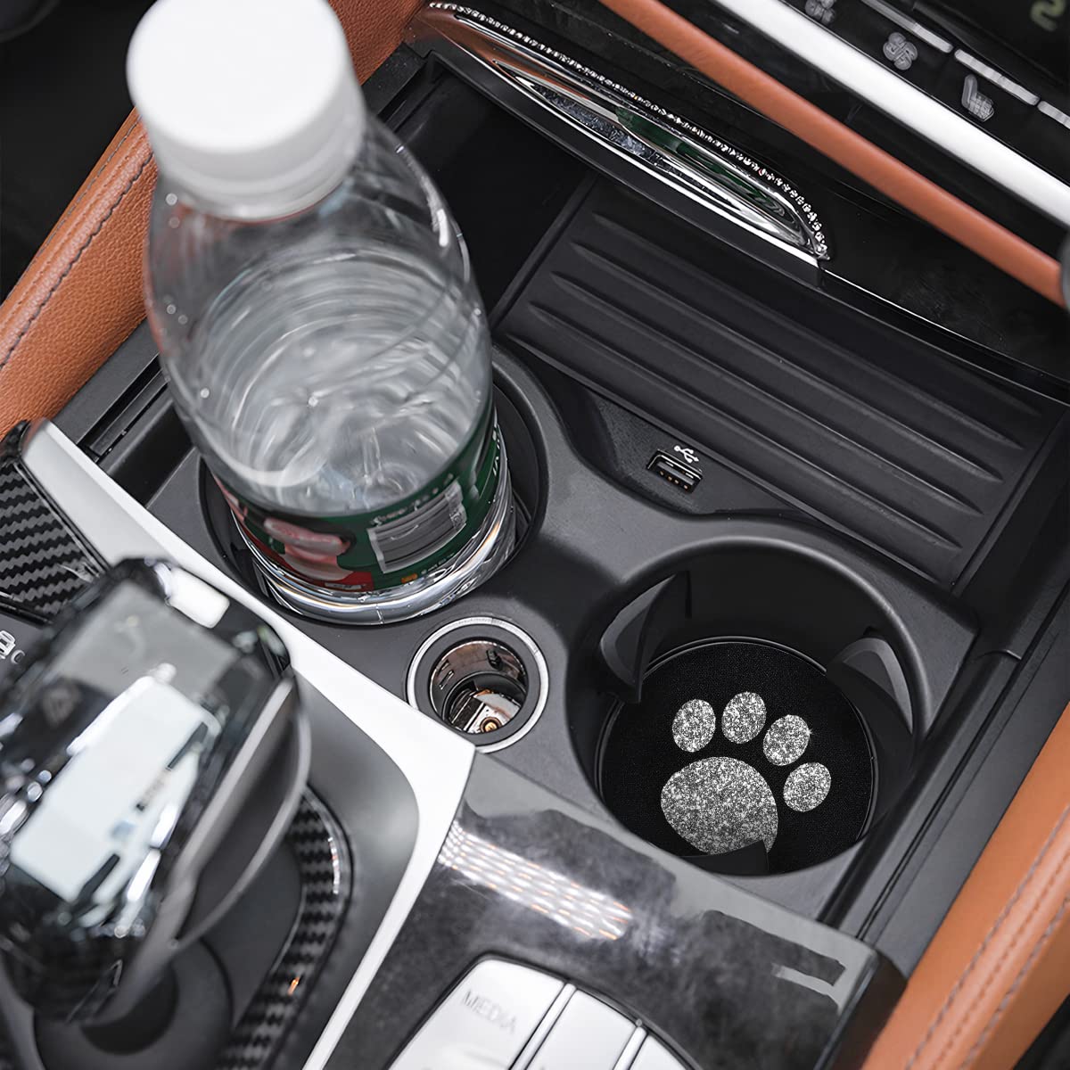 AUCELI 2 Pack Car Cup Holder Coasters, 2.75In Bling Glitter Rhinestone Paw Print Cup Coaster, Rubber Non-Slip Insert Auto Drink Mat, Universal Car Interior Accessories for SUV, Truck, RV (Silver)