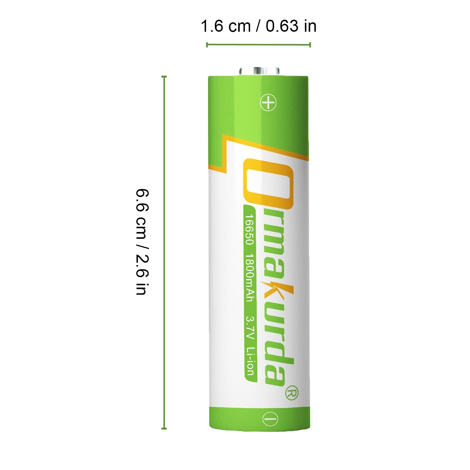 Ormakurda 16650 Rechargeable Battery, 16650 Battery 1800mAh 3.7V Li-ion Rechargeable Batteries with Button Top for Flashlights Torches (2Pack)
