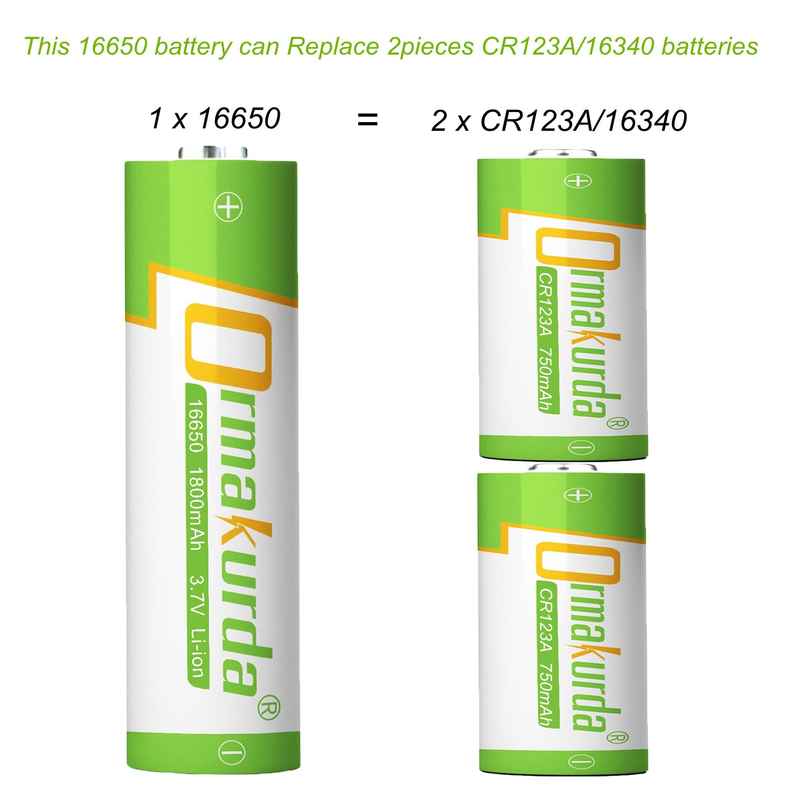 Ormakurda 16650 Rechargeable Battery, 16650 Battery 1800mAh 3.7V Li-ion Rechargeable Batteries with Button Top for Flashlights Torches (2Pack)