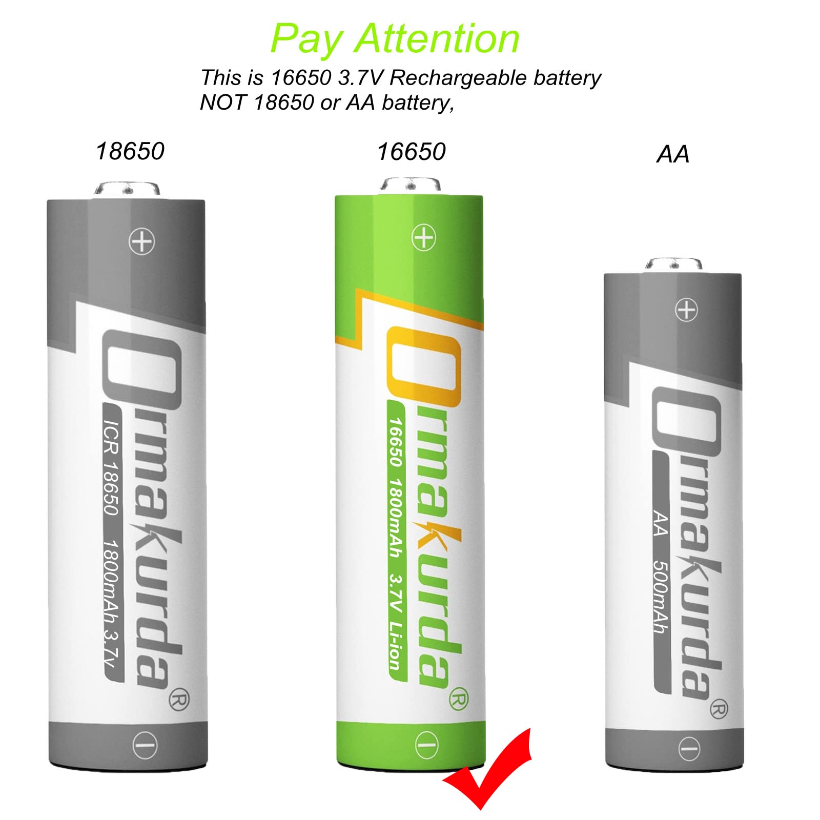 Ormakurda 16650 Rechargeable Battery, 16650 Battery 1800mAh 3.7V Li-ion Rechargeable Batteries with Button Top for Flashlights Torches (2Pack)