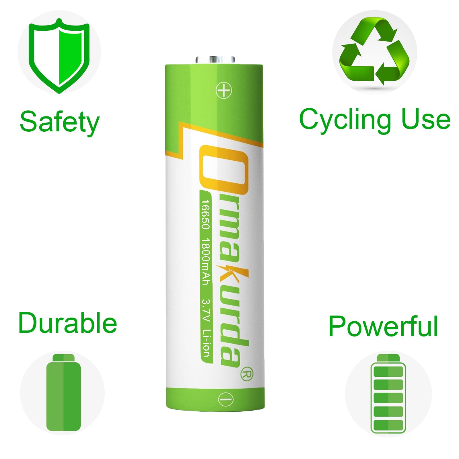 Ormakurda 16650 Rechargeable Battery, 16650 Battery 1800mAh 3.7V Li-ion Rechargeable Batteries with Button Top for Flashlights Torches (2Pack)