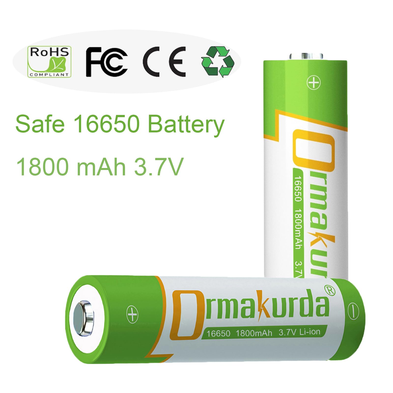 Ormakurda 16650 Rechargeable Battery, 16650 Battery 1800mAh 3.7V Li-ion Rechargeable Batteries with Button Top for Flashlights Torches (2Pack)