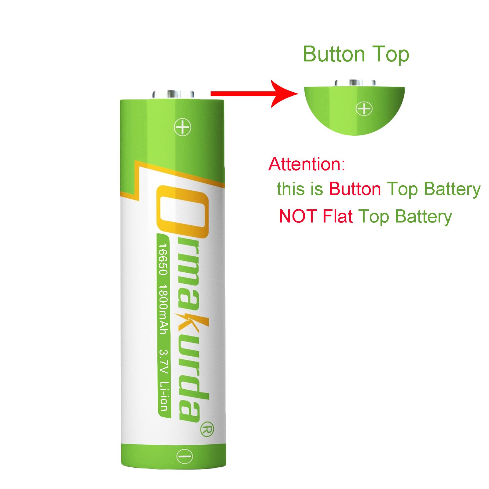 Ormakurda 16650 Rechargeable Battery, 16650 Battery 1800mAh 3.7V Li-ion Rechargeable Batteries with Button Top for Flashlights Torches (2Pack)