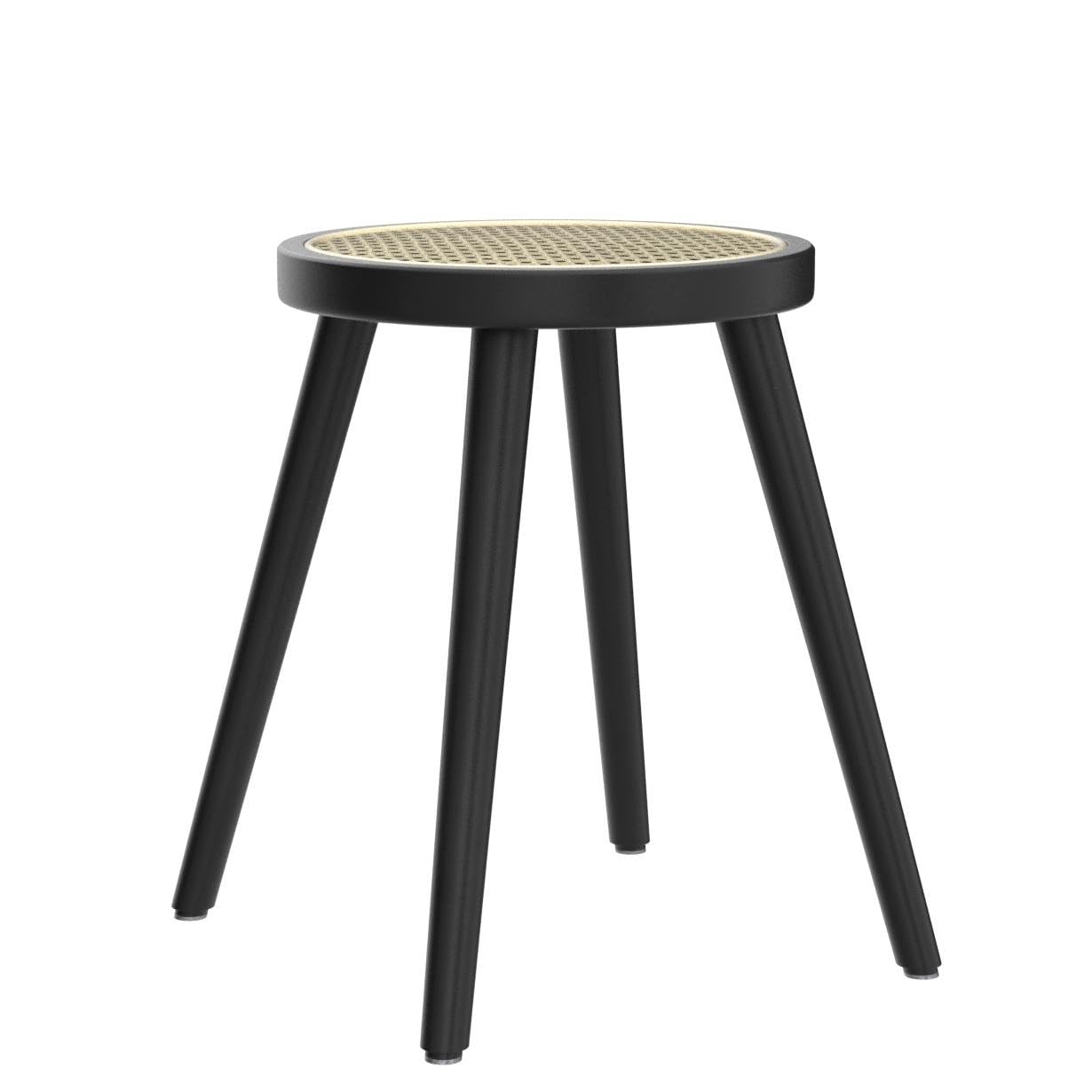 [PJ Collection] Natural Rattan Stool, Handcrafted Wood, Lightweight, Hand-Woven, No Tool Assembly (Round, Black)
