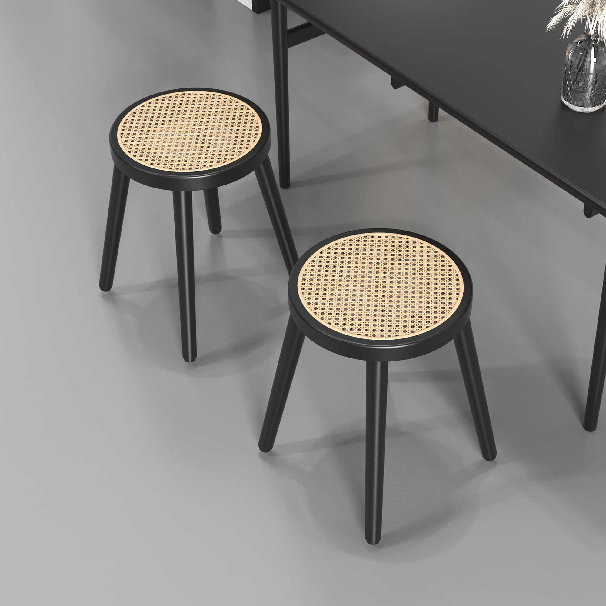 [PJ Collection] Natural Rattan Stool, Handcrafted Wood, Lightweight, Hand-Woven, No Tool Assembly (Round, Black)