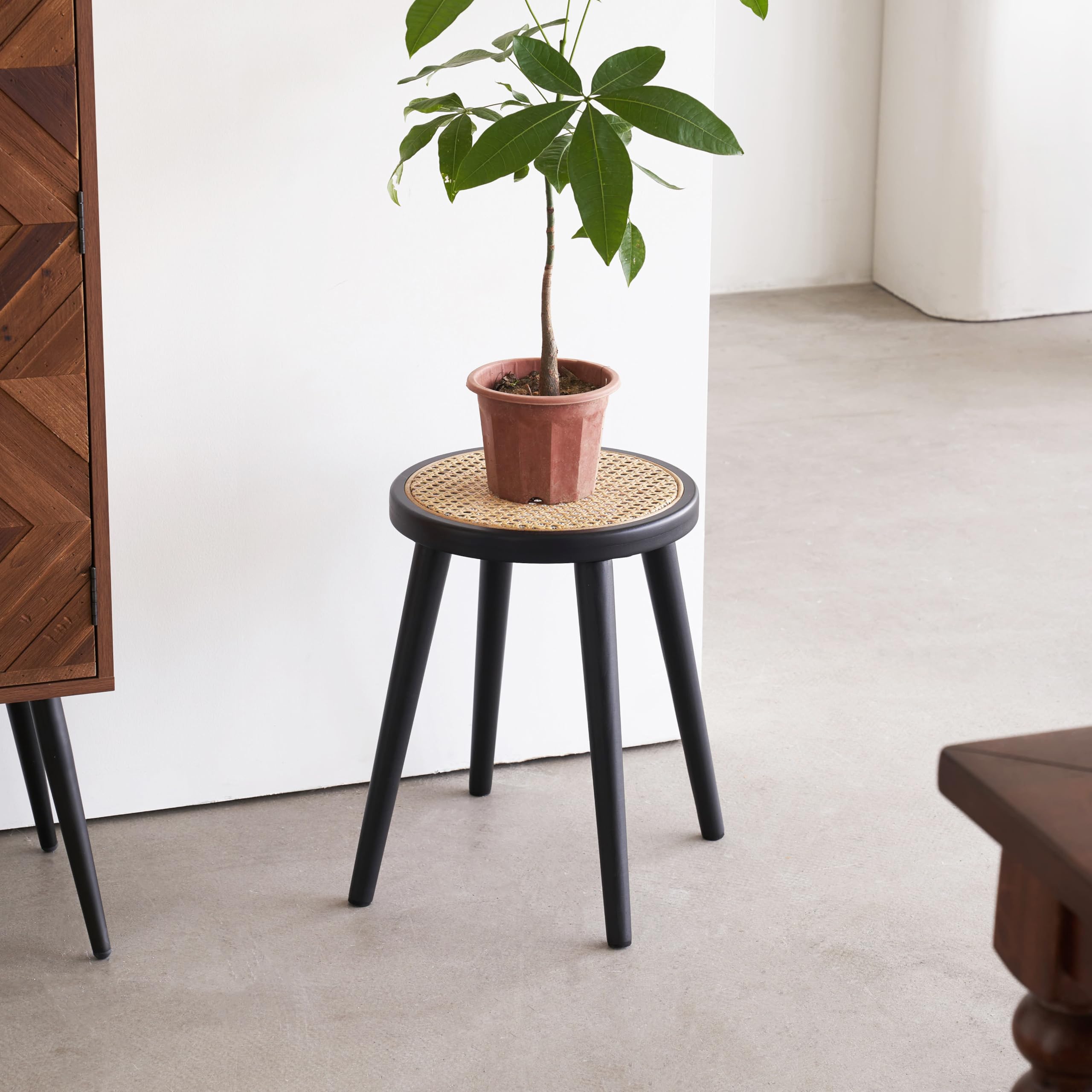 [PJ Collection] Natural Rattan Stool, Handcrafted Wood, Lightweight, Hand-Woven, No Tool Assembly (Round, Black)