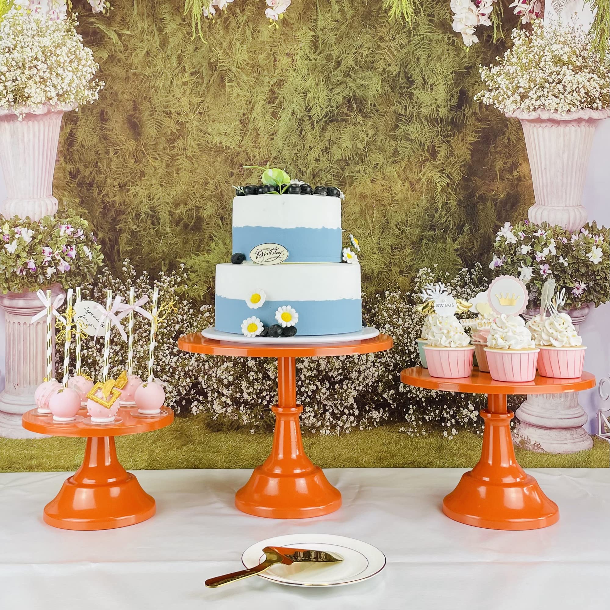 KERYNICE 3 Piece Orange Cake Stands Set Metal Cupcake Pedestal Table Dessert Display Stand with Tall Base Decoration Serving Platter for Baby Shower Wedding Birthday Parties Celebration