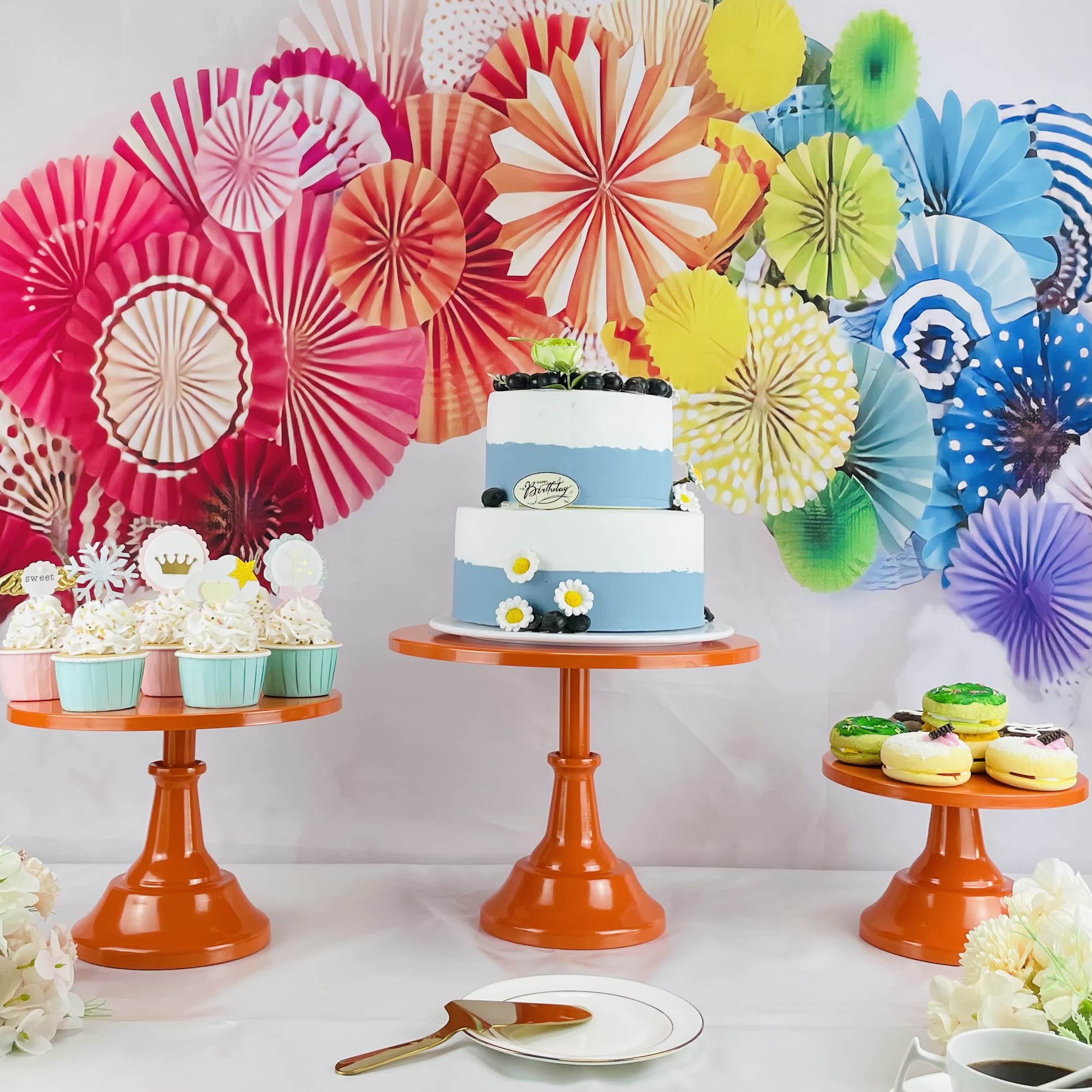 KERYNICE 3 Piece Orange Cake Stands Set Metal Cupcake Pedestal Table Dessert Display Stand with Tall Base Decoration Serving Platter for Baby Shower Wedding Birthday Parties Celebration