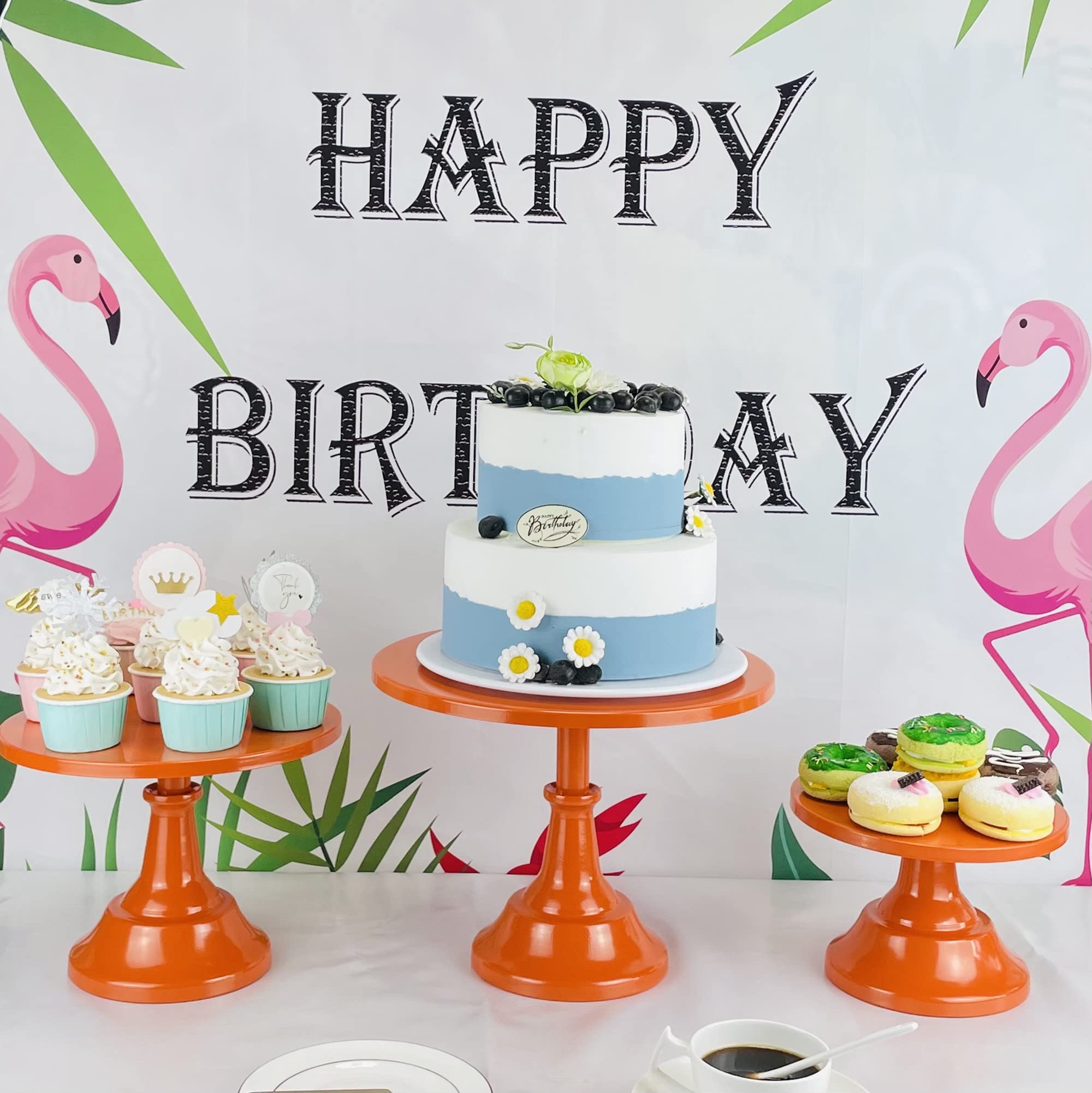KERYNICE 3 Piece Orange Cake Stands Set Metal Cupcake Pedestal Table Dessert Display Stand with Tall Base Decoration Serving Platter for Baby Shower Wedding Birthday Parties Celebration