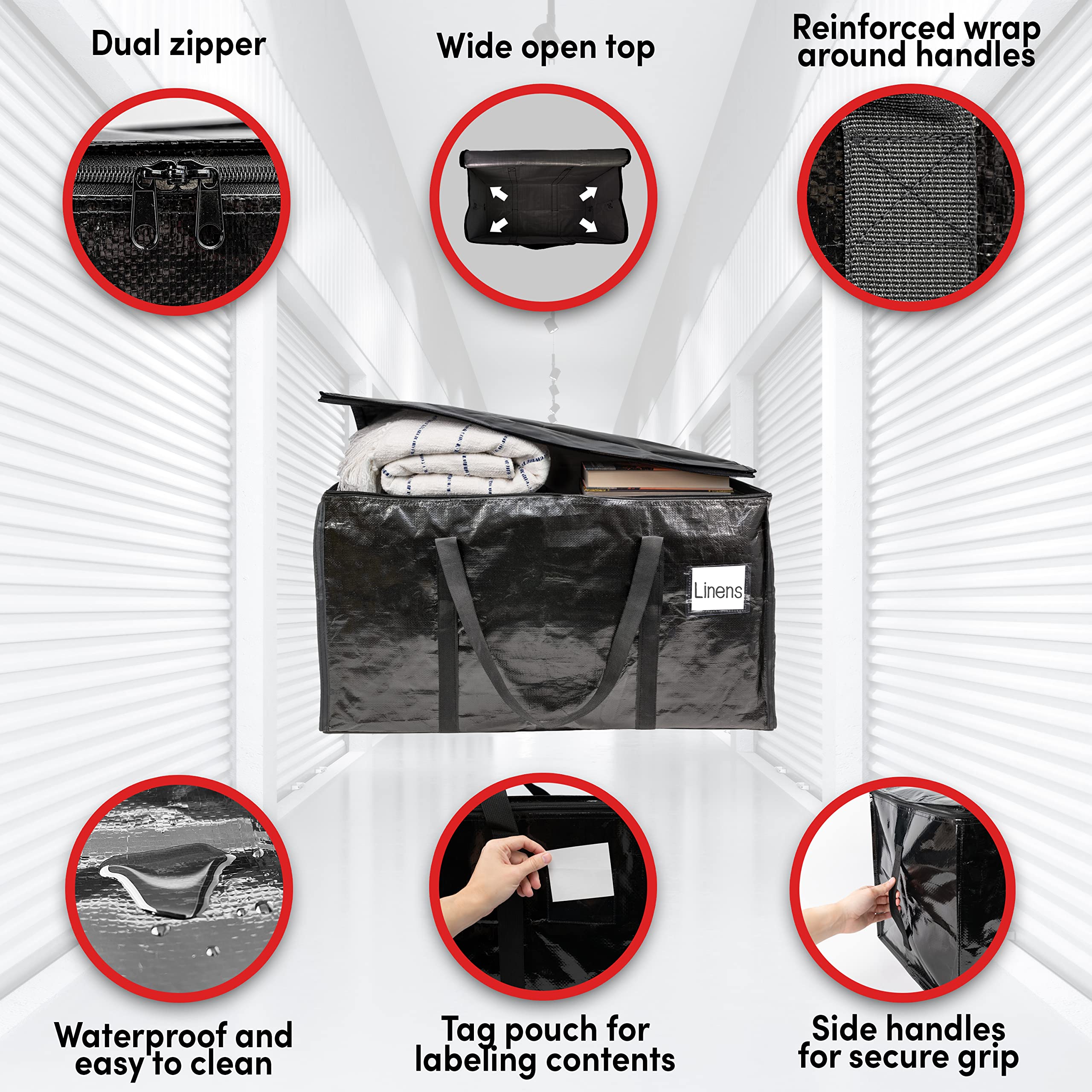 BAG-THAT! 4-Pack Black Moving Bags, Extra Large Storage Bags with Zipper, Water Resistant Packing Bags for Moving Supplies, Heavy Duty Moving Totes with Carrying Handle