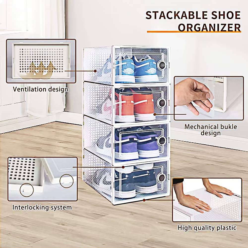 Shoe Storage Box 12 Pack Clear Plastic Foldable Shoe Rack Bin Sneaker Container Stackable Shoe Shelf Case Shoes Organizer for Closet Organizador de Zapatos (12boxes white medium)