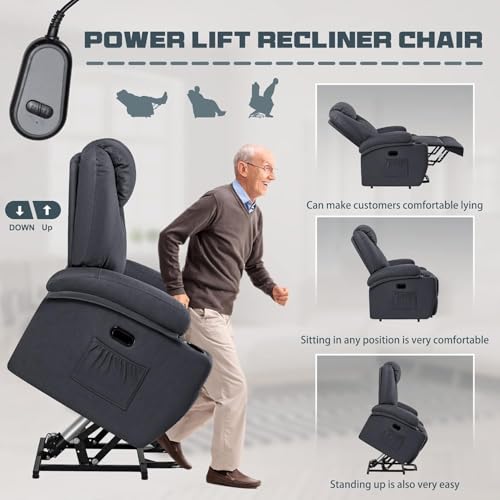 JUMMICO Power Lift Recliner Chair with Massage for Elderly Faux Leather Modern Reclining Sofa Chair with Cup Holders, Remote Control, Adjustable Furniture (Navy Blue)