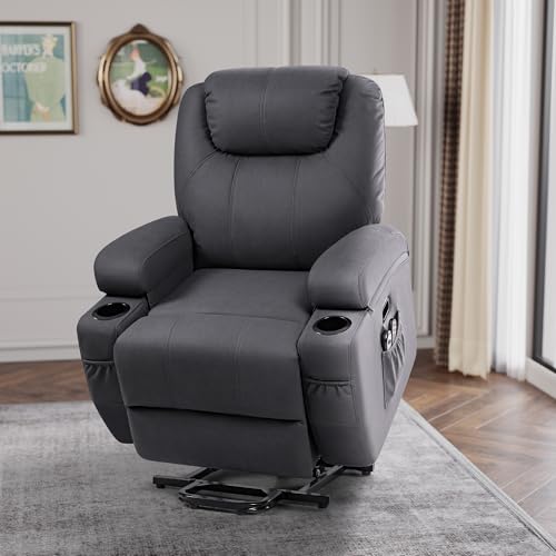 JUMMICO Power Lift Recliner Chair with Massage for Elderly Faux Leather Modern Reclining Sofa Chair with Cup Holders, Remote Control, Adjustable Furniture (Navy Blue)