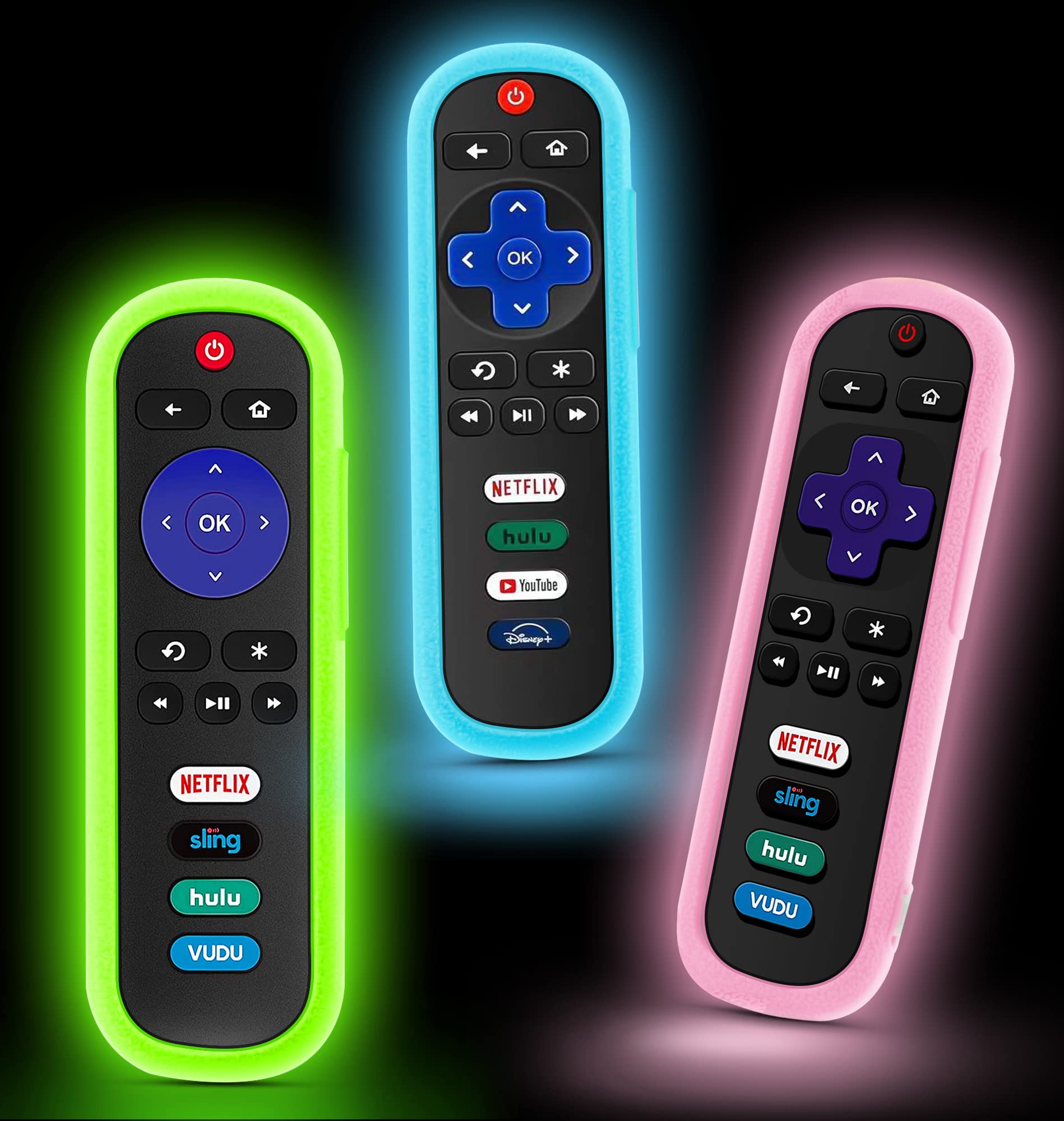 [3Pack] Roku Remote Cover Silicone Protective Sleeve Skin, Battery Cover for TCL Roku Smart TV Steaming Stick Remote, Controller Case Glow in The Dark (Green Blue Pink)