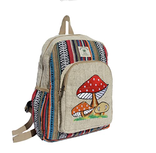 Handmade Marijuana Backpack Red Mushroom Psychedelics Shroom Backpack | Made in Nepal Travel Backpack with Water Bottle Pockets | Hemp Cotton Backpack - Small Mini Backpack