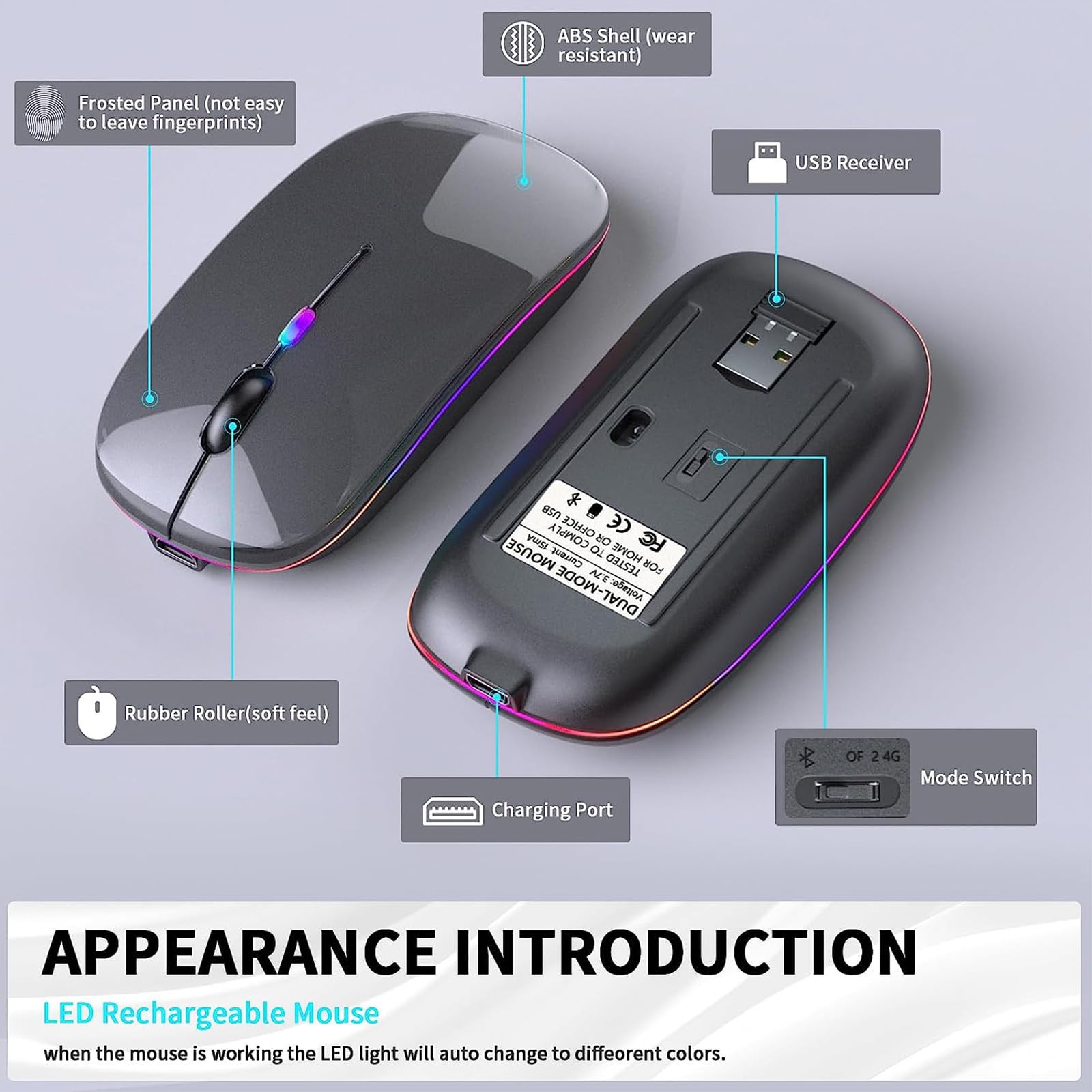 Atrasee Dual Mode LED Wireless Bluetooth Mouse for Laptop, Slim Rechargeable RGB Computer Mice (USB 2.4G + Bluetooth 5.1), Ergonomic PC Gaming Mouse w/ 3 Adjustable DPI, for Laptop MacBook Pro, Black