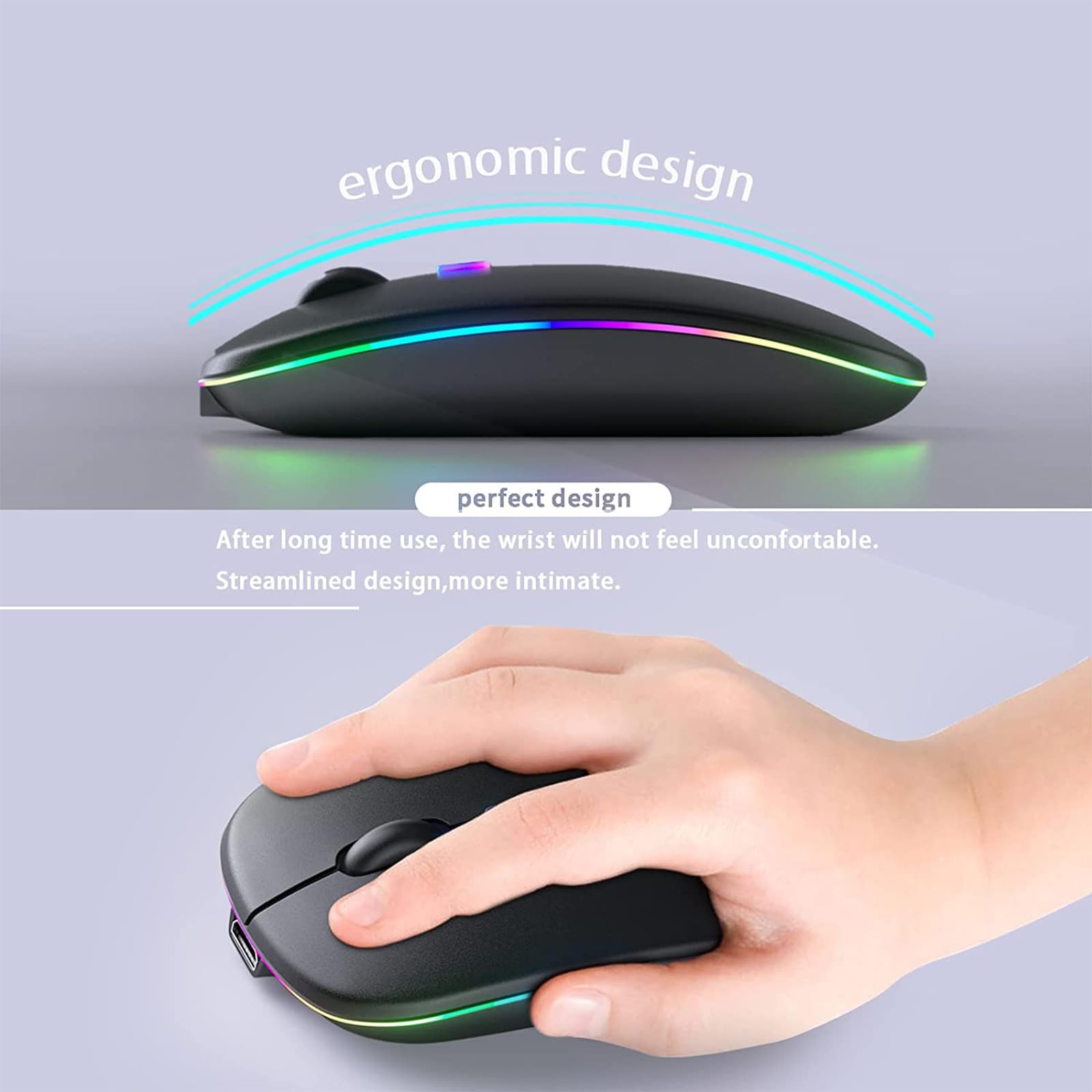 Atrasee Dual Mode LED Wireless Bluetooth Mouse for Laptop, Slim Rechargeable RGB Computer Mice (USB 2.4G + Bluetooth 5.1), Ergonomic PC Gaming Mouse w/ 3 Adjustable DPI, for Laptop MacBook Pro, Black