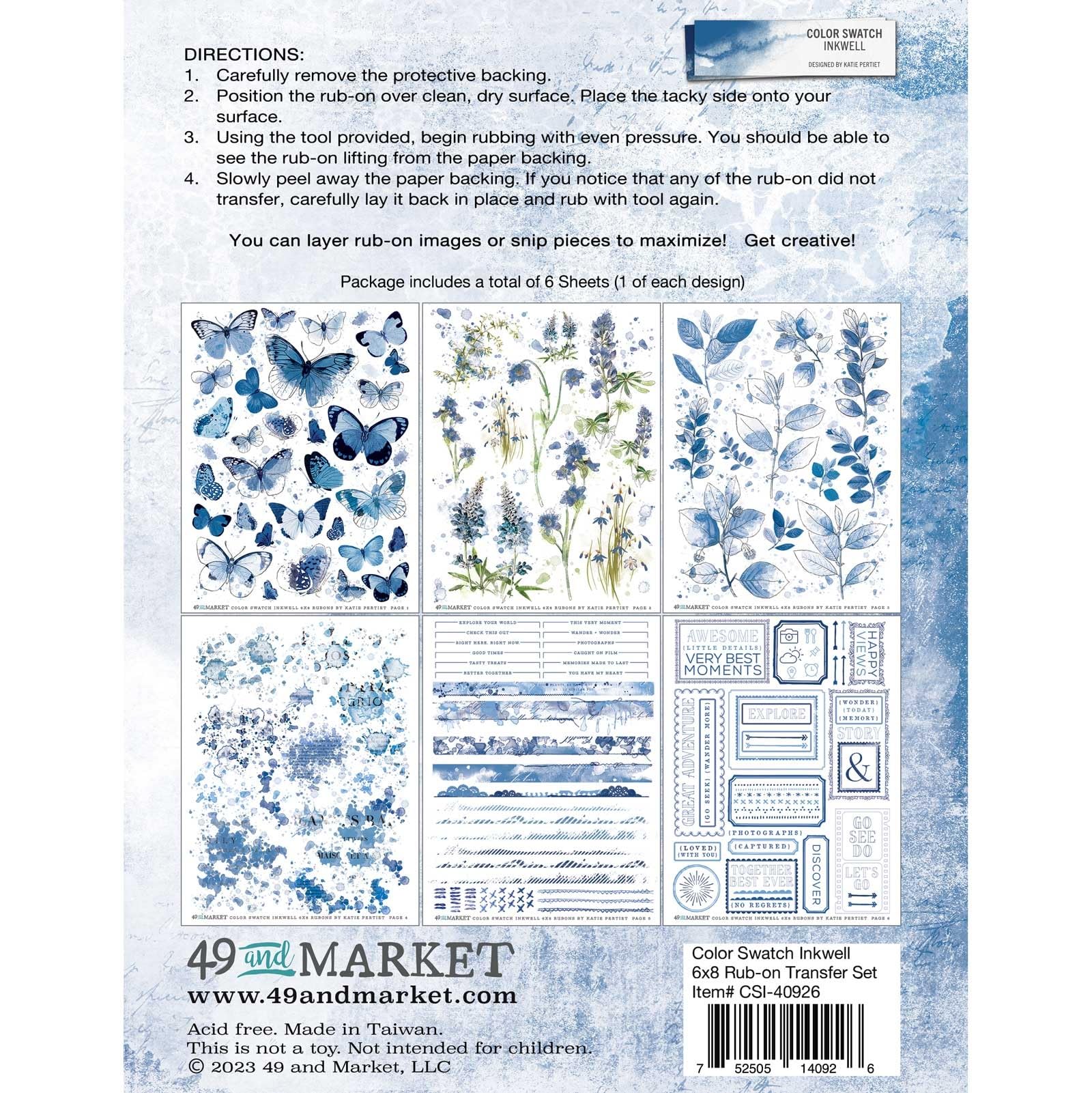 49 AND MARKET Color Swatch: Inkwell Rub-Ons 6"X8" 6/Sheets, White