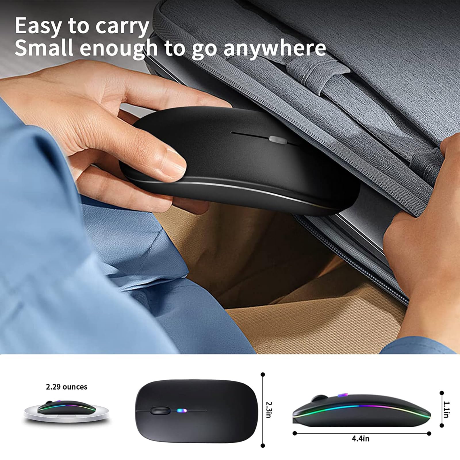 Atrasee Dual Mode LED Wireless Bluetooth Mouse for Laptop, Slim Rechargeable RGB Computer Mice (USB 2.4G + Bluetooth 5.1), Ergonomic PC Gaming Mouse w/ 3 Adjustable DPI, for Laptop MacBook Pro, Black