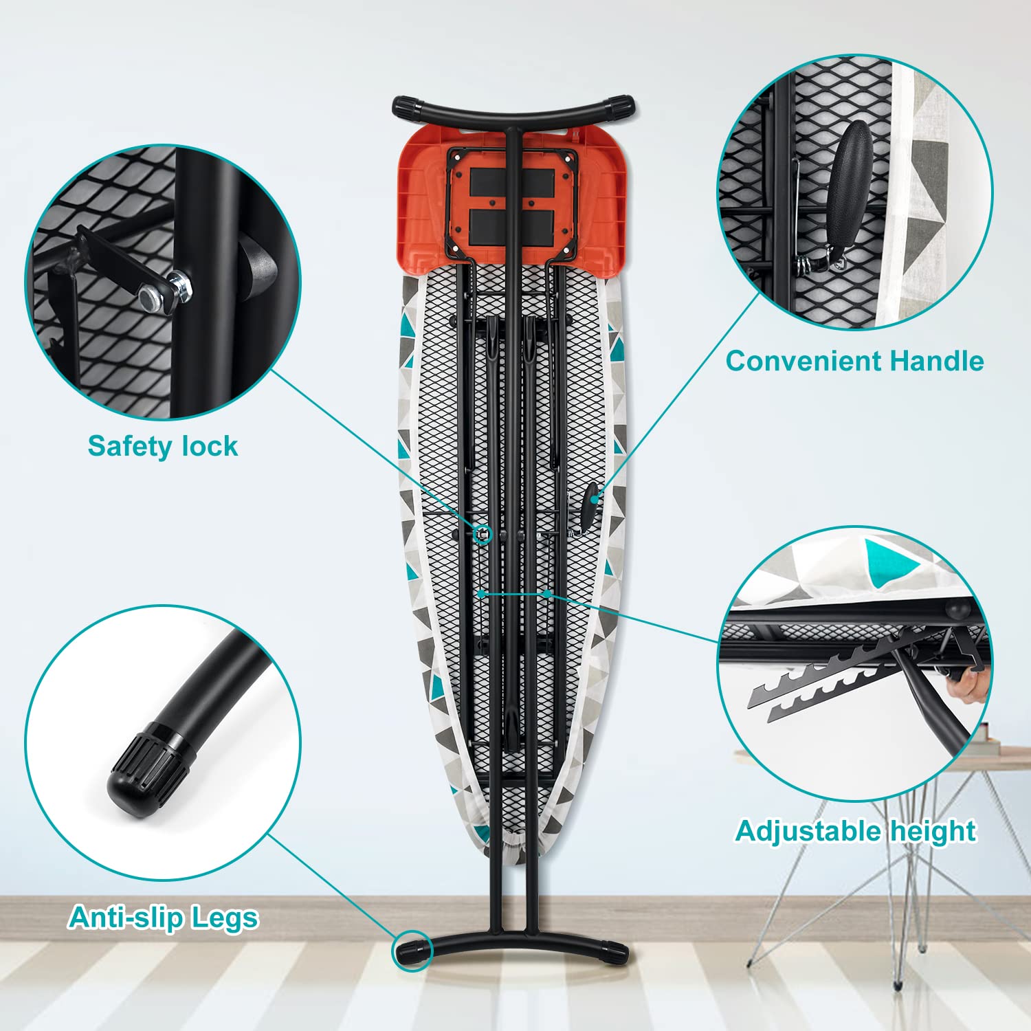 Duwee 15"×48" Ironing Board with Retractable Iron Rest,Ironing Board Full Size Heat-Resistant Cover with Thick Padding,Space Saving Iron Boards with Sturdy Legs,Adjustable Heights