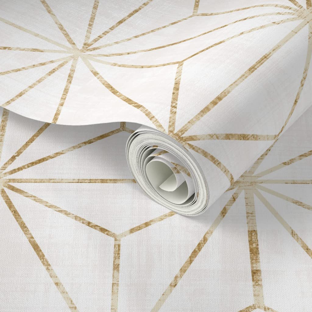 Peel & Stick Wallpaper 3ft x 2ft - Star Geo White Gold Geometric Triangles Holiday Abstract Minimalistic Custom Removable Wallpaper by Spoonflower