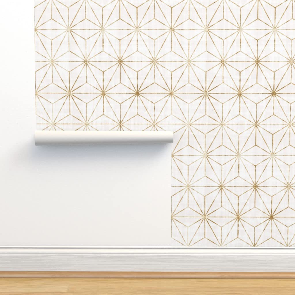 Peel & Stick Wallpaper 3ft x 2ft - Star Geo White Gold Geometric Triangles Holiday Abstract Minimalistic Custom Removable Wallpaper by Spoonflower