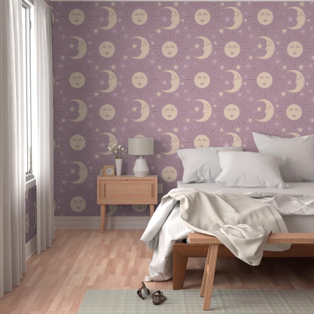 Peel & Stick Wallpaper Swatch - Purple Suns Boho Stars Mauve Celestial Moon Sky Custom Removable Wallpaper by Spoonflower