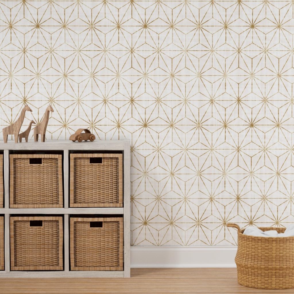 Peel & Stick Wallpaper 3ft x 2ft - Star Geo White Gold Geometric Triangles Holiday Abstract Minimalistic Custom Removable Wallpaper by Spoonflower